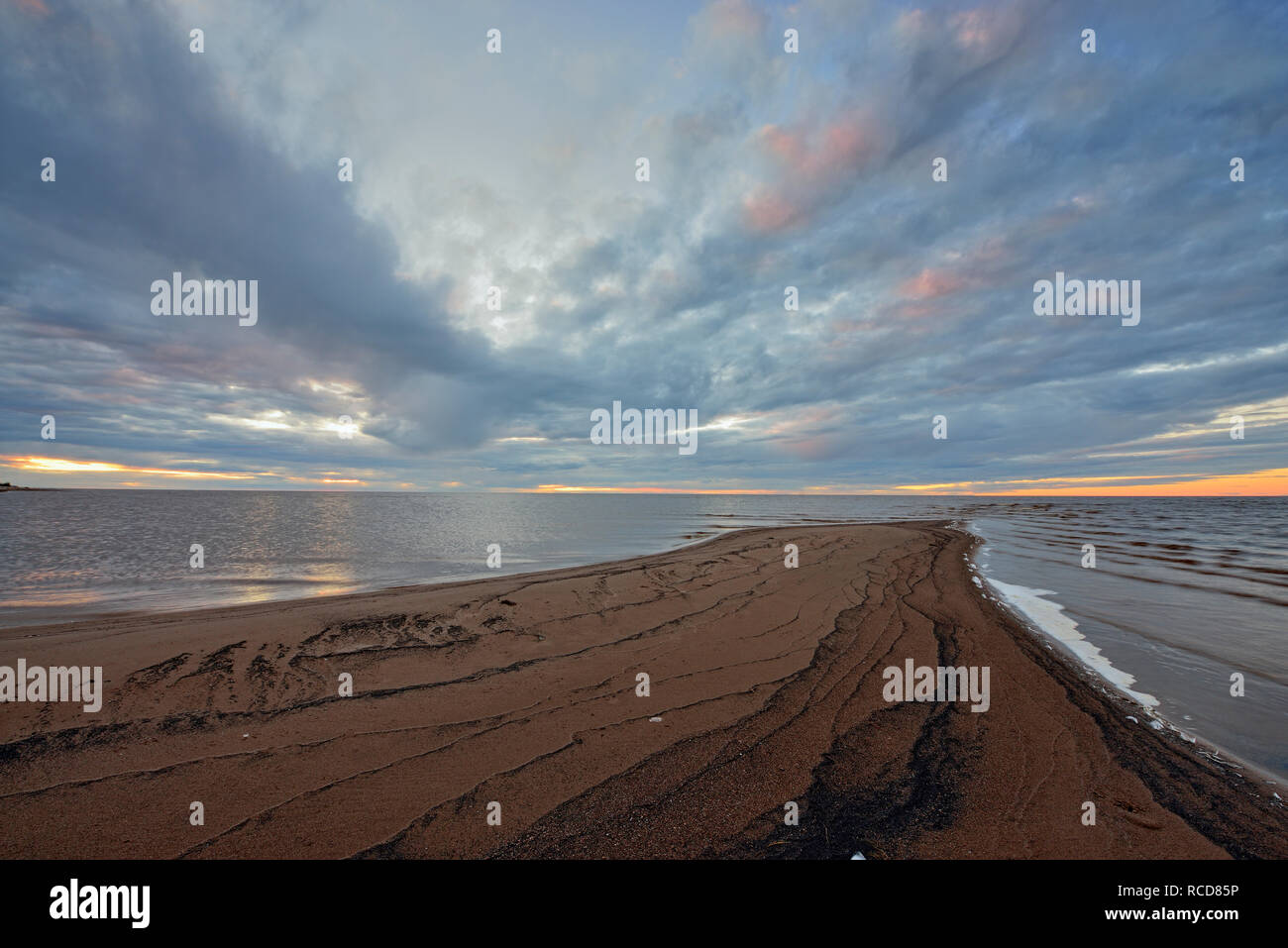 Shore of Great Slave Lake with sandspit at dusk, Hay River, Northwest ...