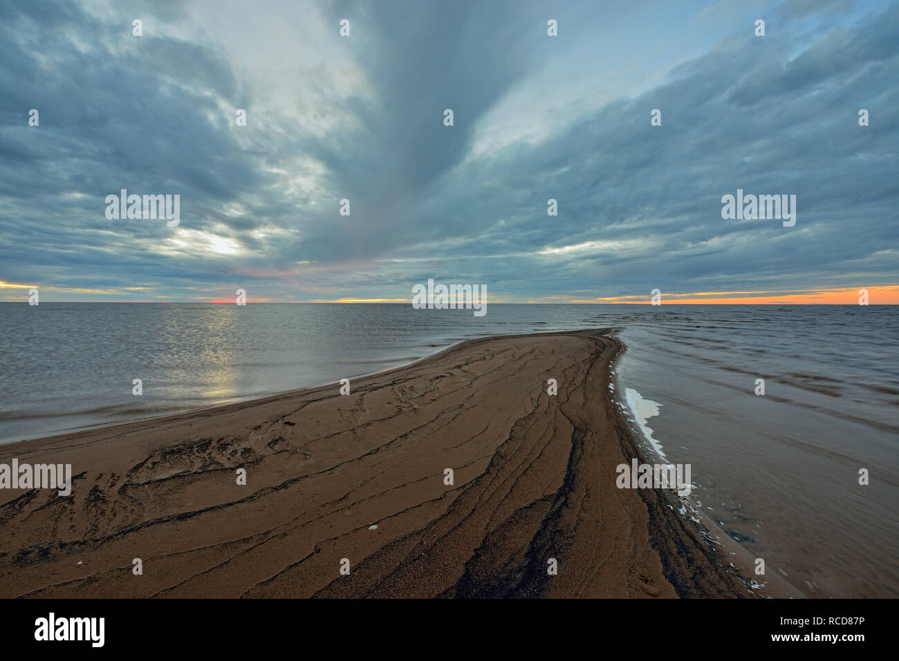 Shore of Great Slave Lake with sandspit at dusk, Hay River, Northwest ...