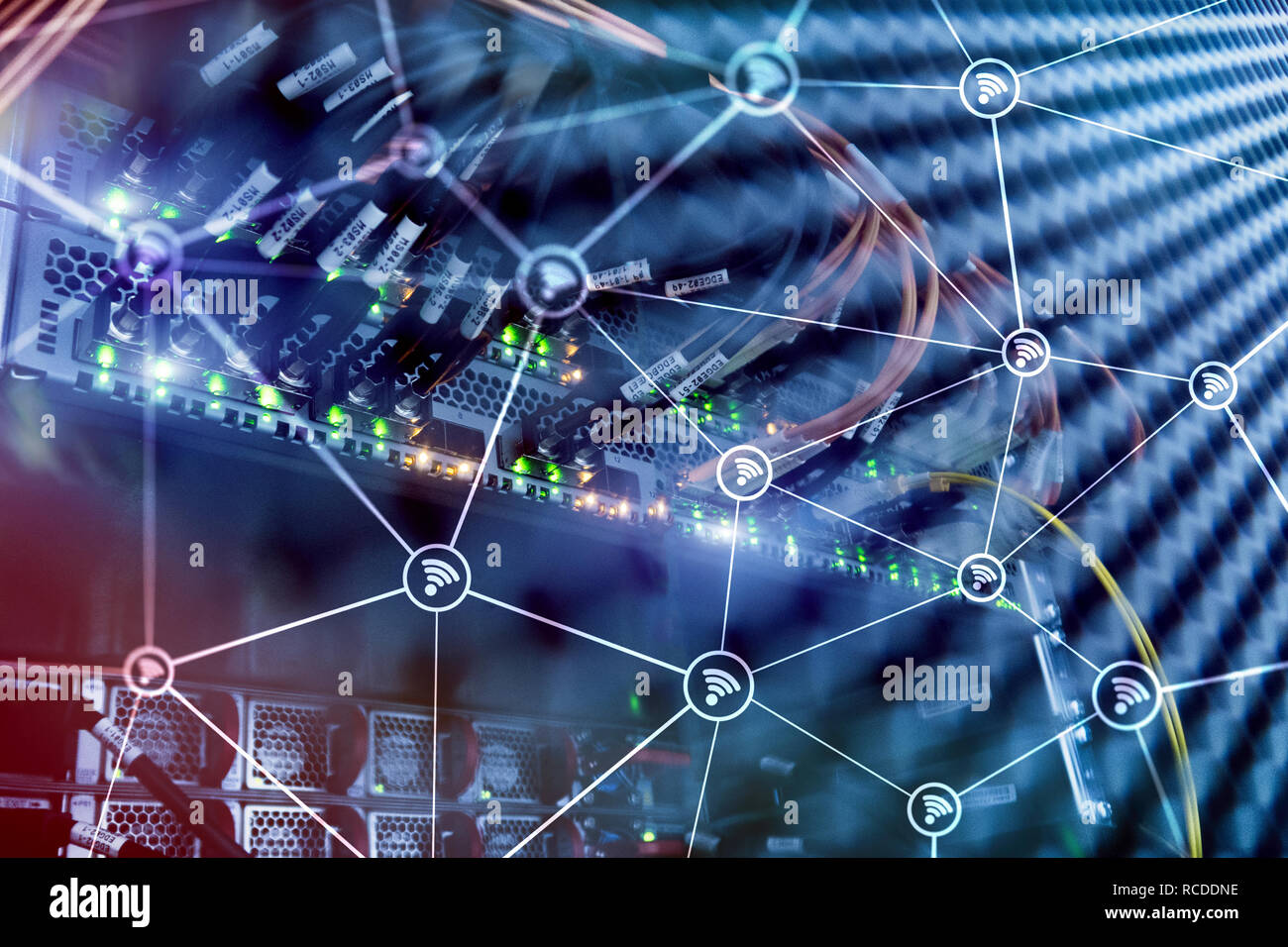 Wi fi network abstract structure on modern server room background Stock ...