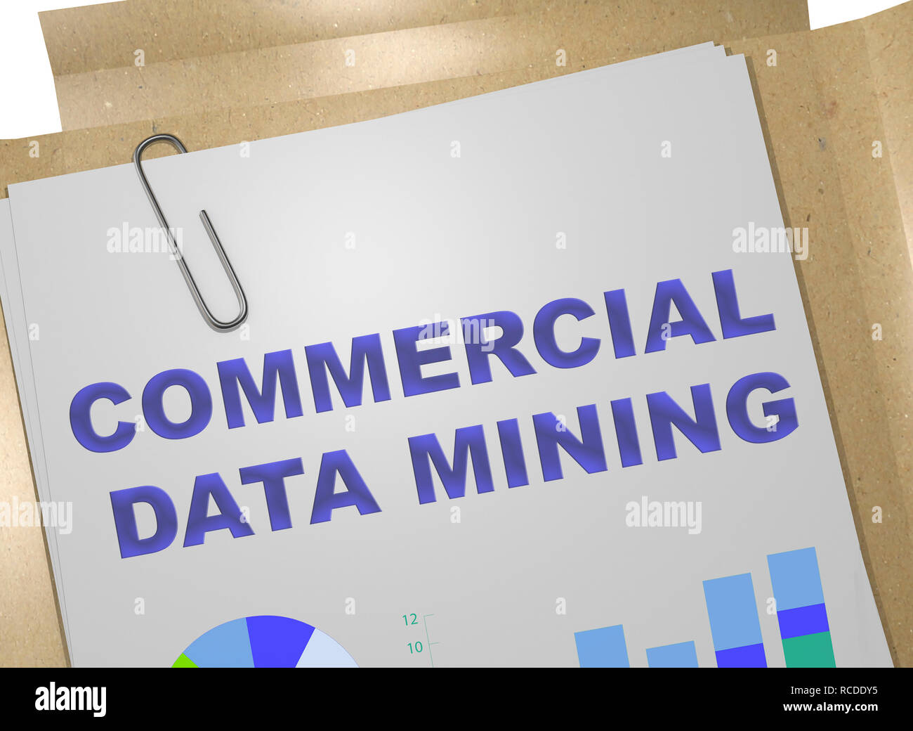 3D illustration of COMMERCIAL DATA MINING title on business document ...