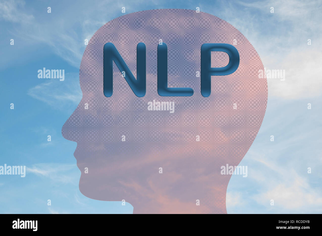 Render illustration of NLP title on head silhouette, with cloudy sky as ...