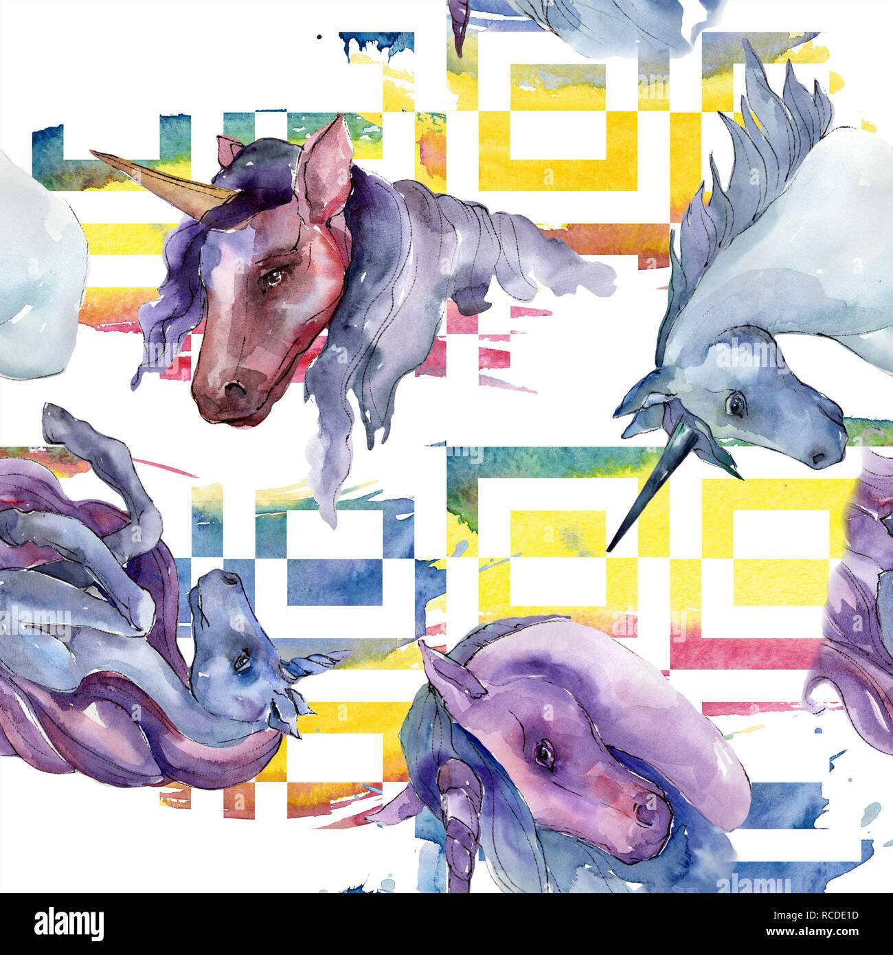 Cute unicorn horse. Rainbow animal horn character. Watercolor ...