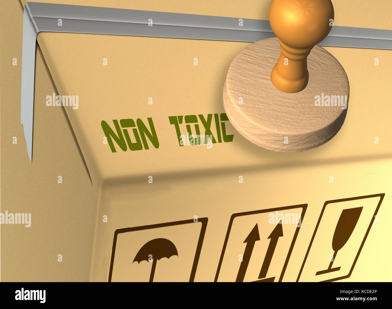 3D illustration of NON TOXIC stamp title on a carton which contains ...