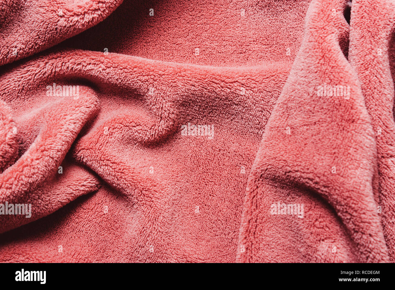 coral color of the year soft fleece texture. The surface of a teddy ...