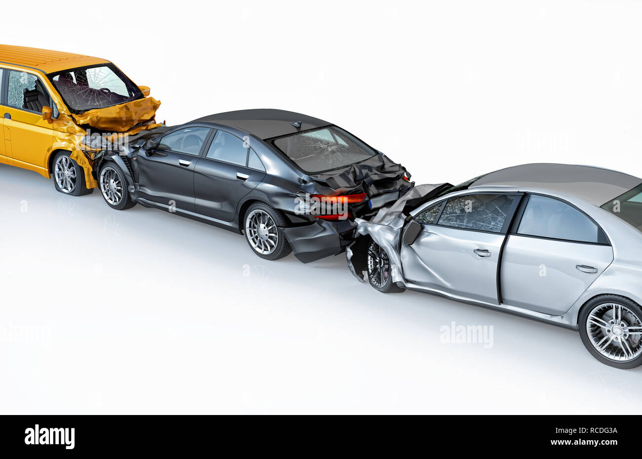 Three cars accident in line. Crashed cars. A black sedan against a ...