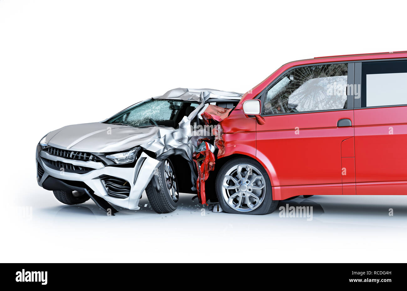 Two cars accident. Crashed cars. A red van against a silver sedan. Big ...