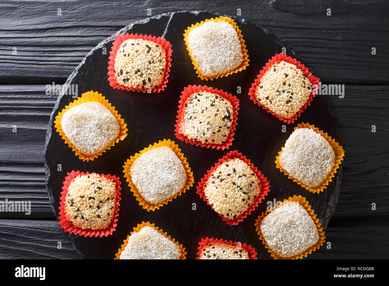 Traditional healthy Japanese rice dessert mochi mix closeup. horizontal ...