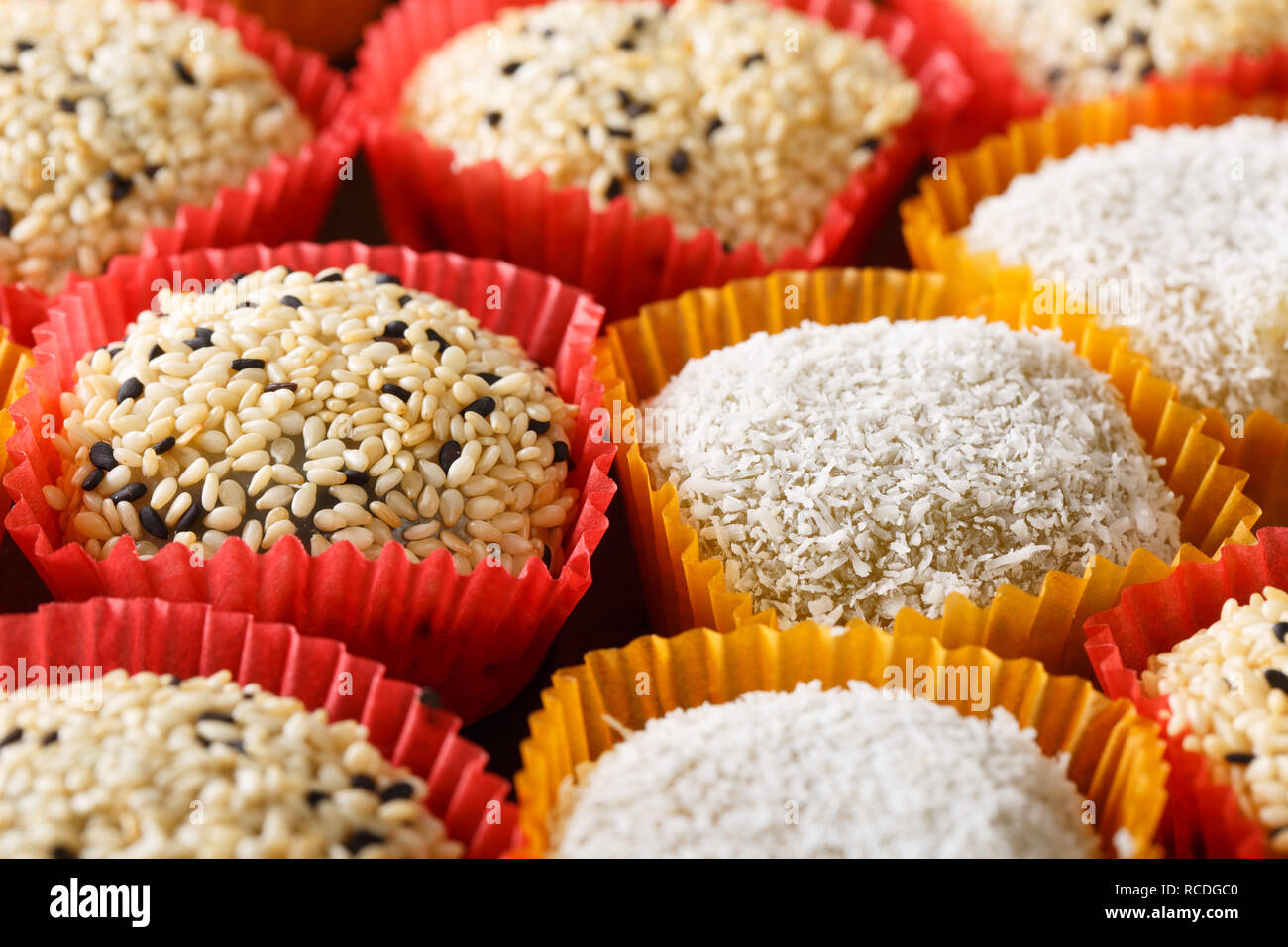 Traditional Japanese rice dessert mochi closeup. horizontal background ...