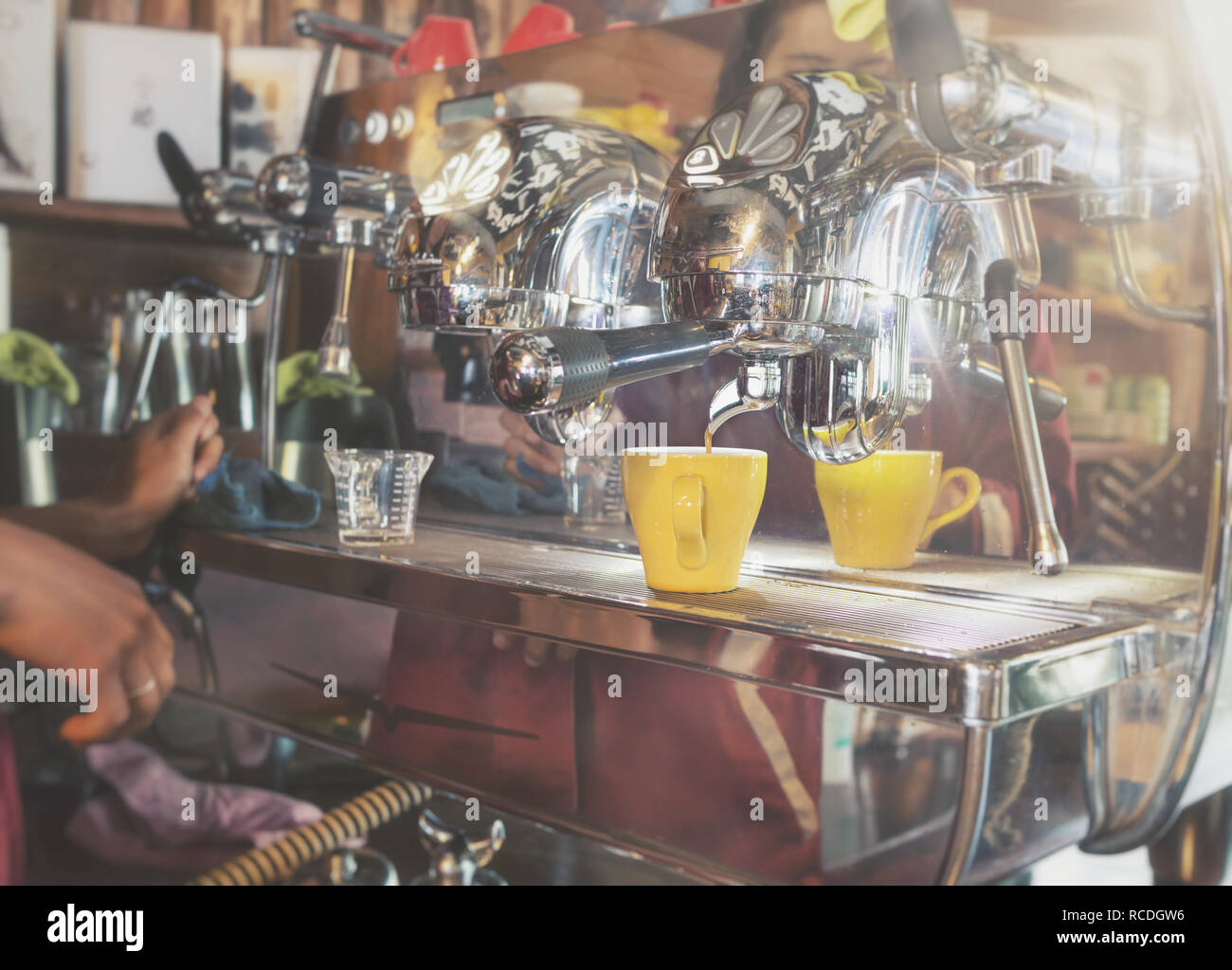 Barista making fresh Coffee in the Coffee shop, vintage color image ...