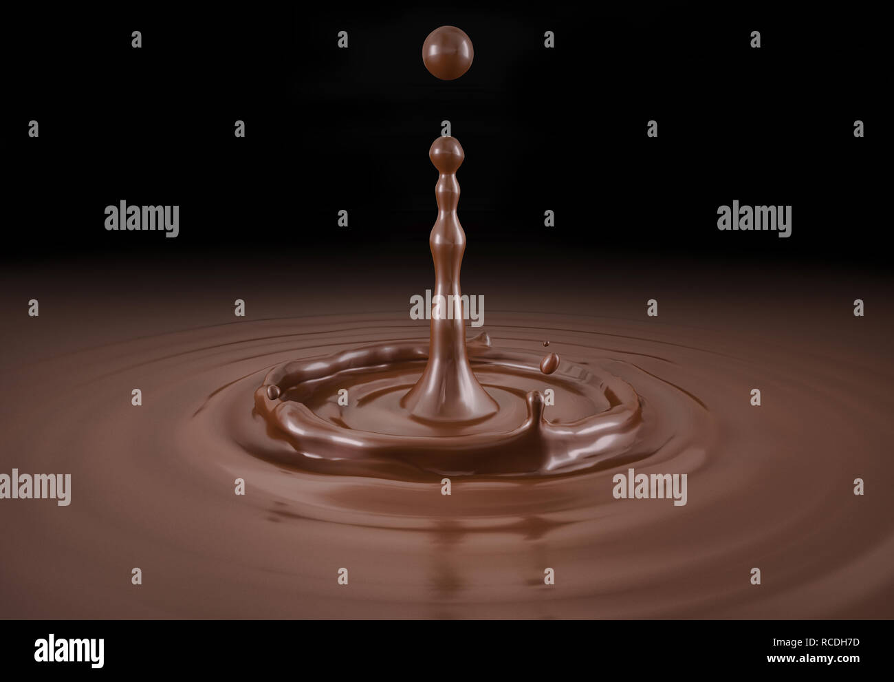 Single liquid chocolate drop splash in chocolate sauce pool. with ...