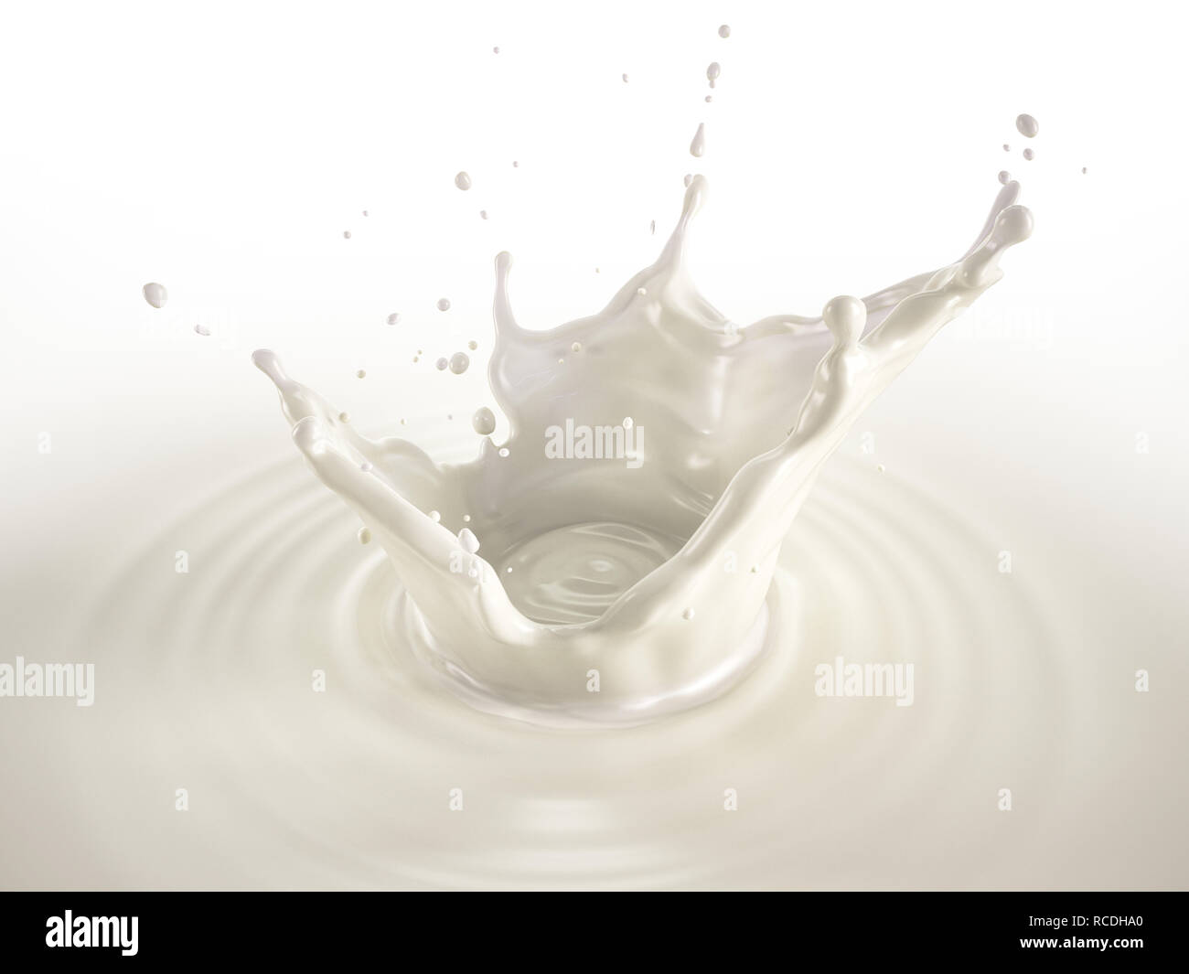Milk crown splash, splashing in milk pool with ripples. Bird eye view ...