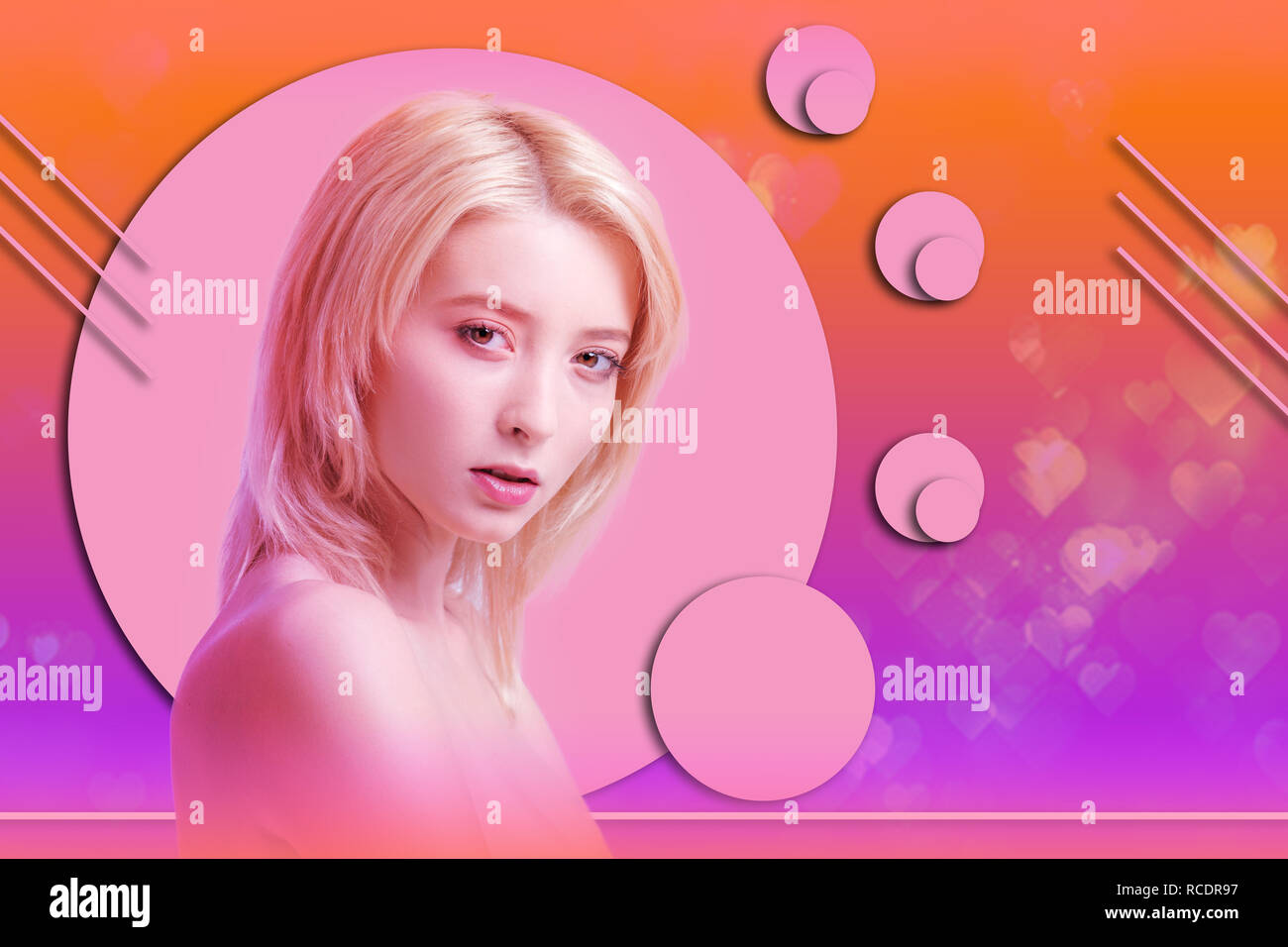 Beautiful reflective woman developing creativity on background Stock ...