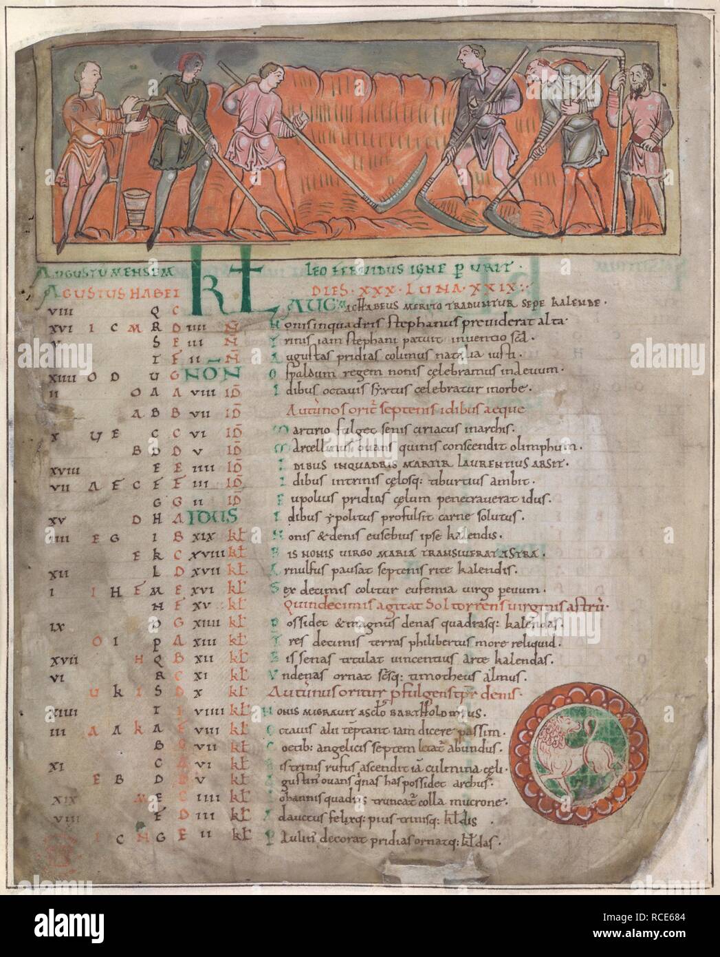 Calendar page for August. Six men with harvesting; five with scythes ...
