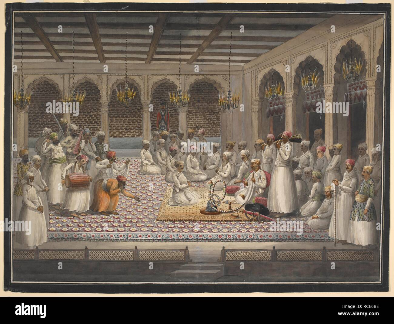 Nawab Asaf al-Daula seated on a rug smoking a hookah and listening to a ...