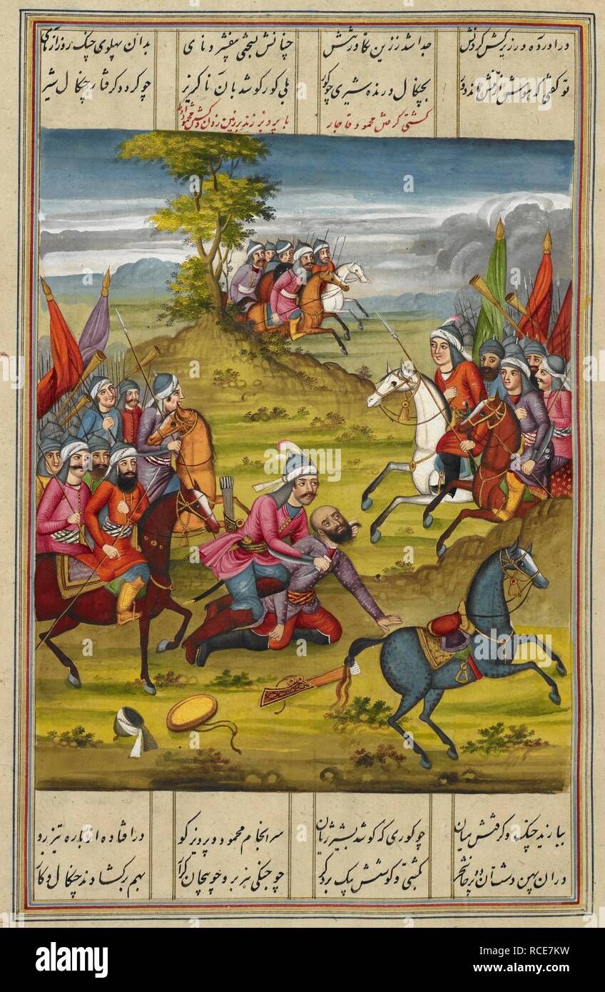 Mahmud Qajar about to cut the throat of Parwiz Zand: horsemen on either ...