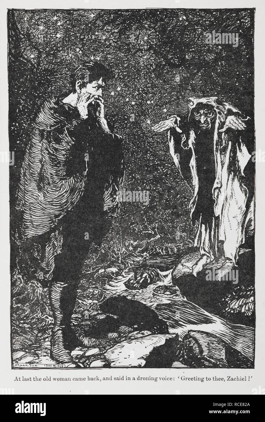 Illustration from Jorinda and Joringel of Zachiel and the old woman ...
