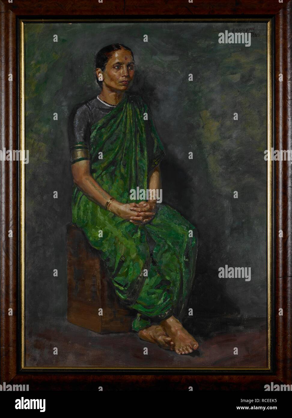 'Figure from life'. A seated lady in a green sari. . 1929. Oil on ...