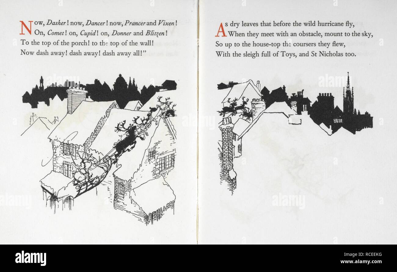 Father Christmas flying over snowy houses in his sledge . [A Visit from ...
