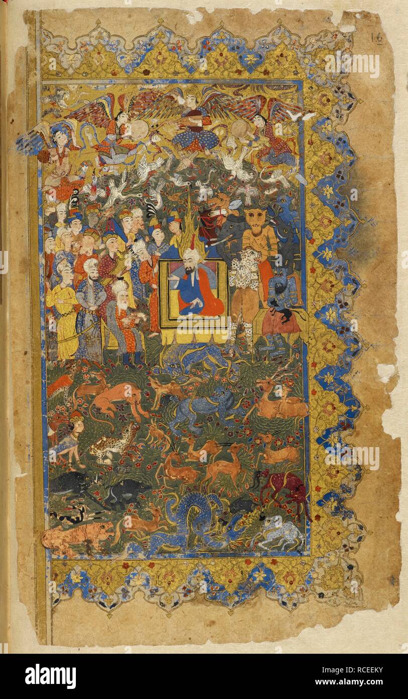 Solomon enthroned, surrounded by attendants, angels, animals and birds ...