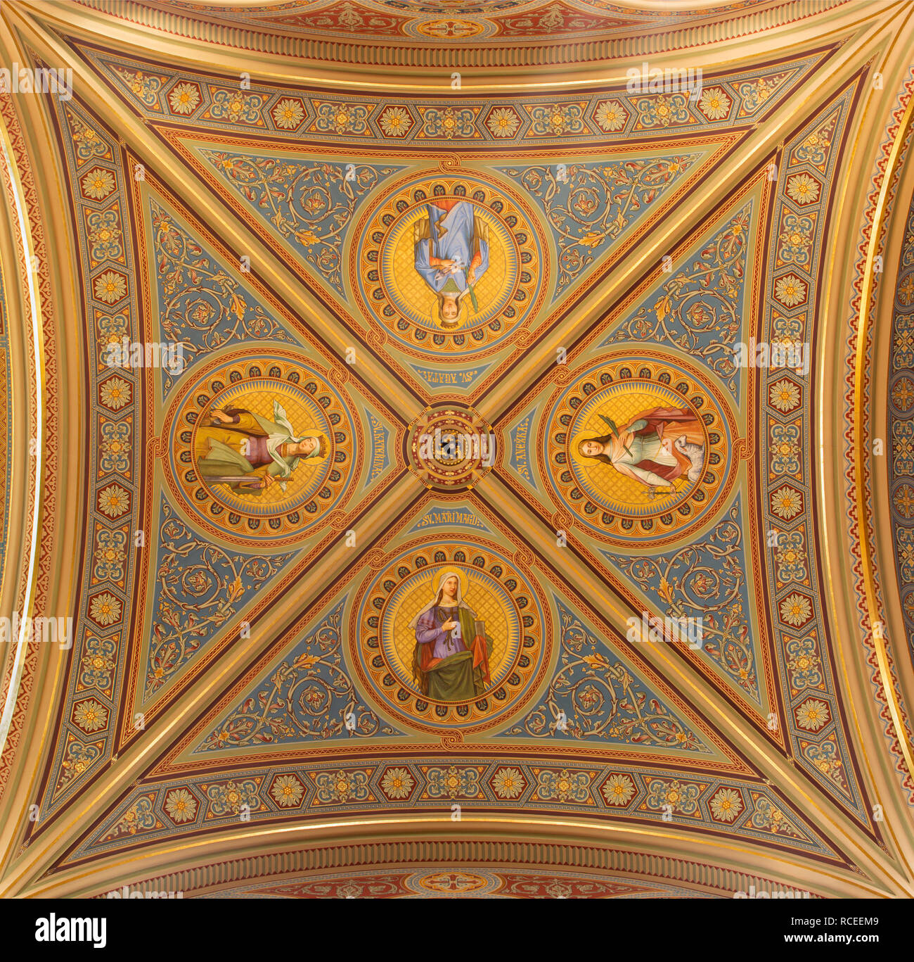 PRAGUE, CZECH REPUBLIC - OCTOBER 17, 2018: The fresco four holy women ...