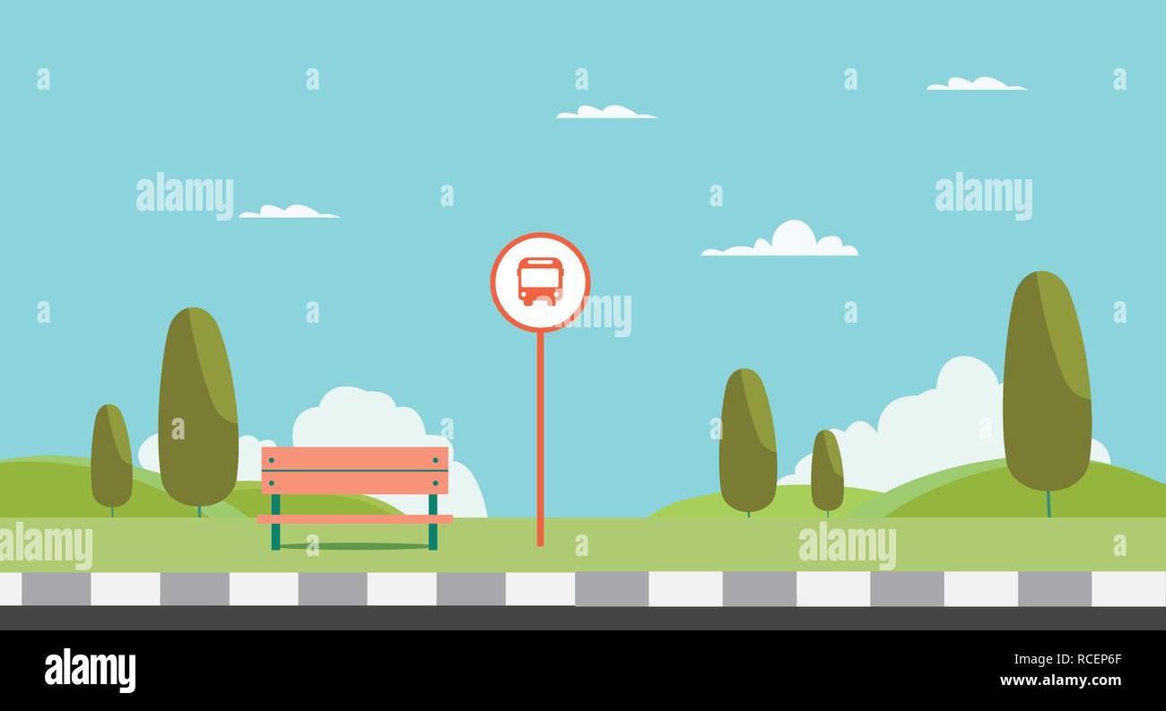 Bus stop of main street city. Bus stop. signs and icons in flat design ...
