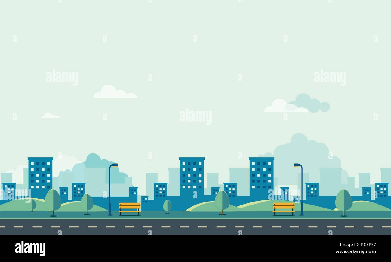 Public park with cityscape and sky background vector illustration ...
