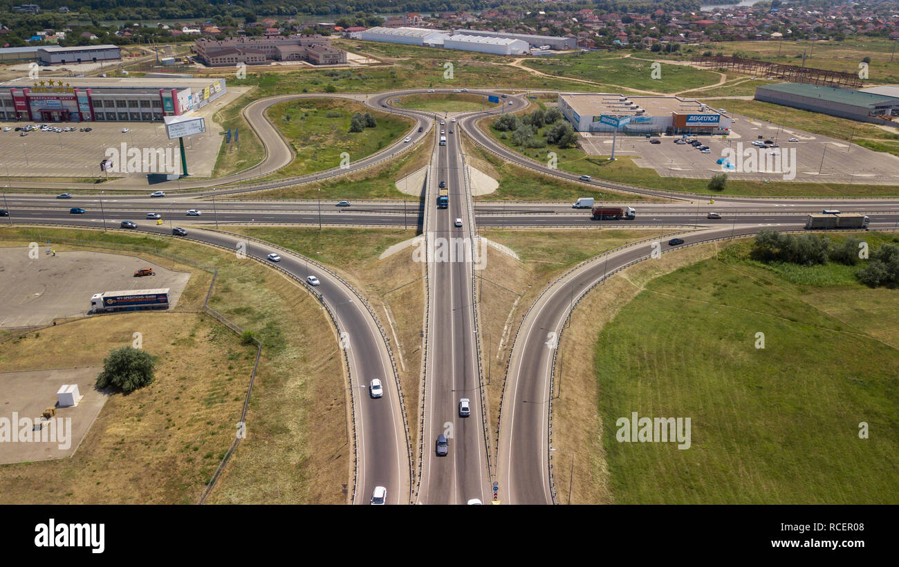 Aerial view of transport junction, traffic cross road junction day view ...