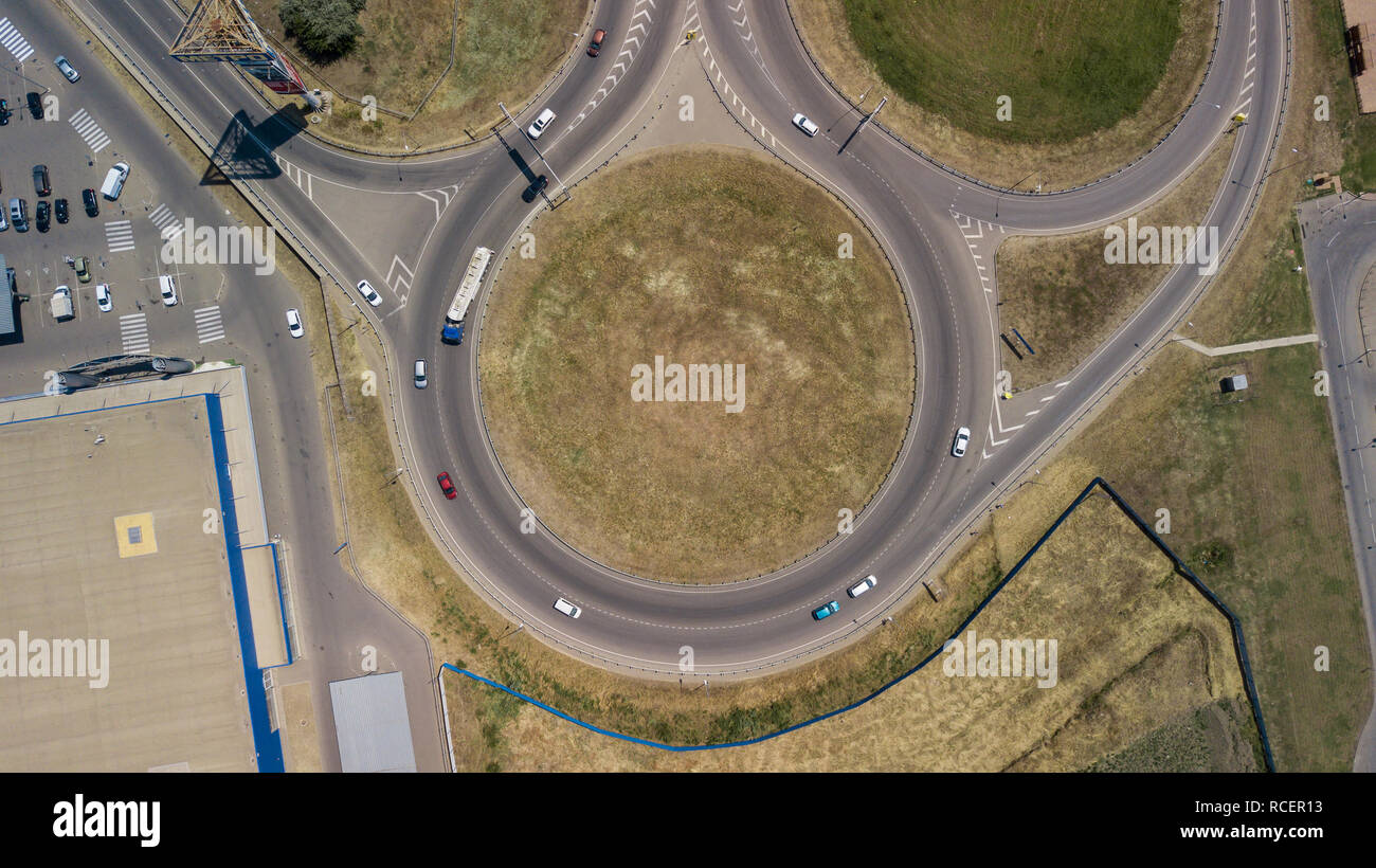 Aerial view of transport junction, traffic cross road junction day view ...