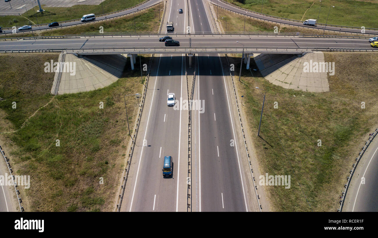 Aerial view of transport junction, traffic cross road junction day view ...