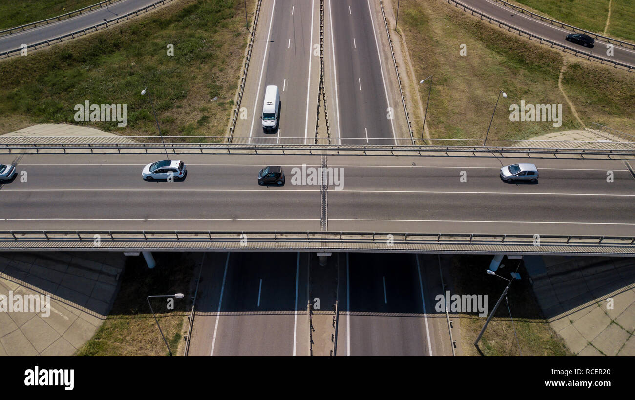 Aerial view of transport junction, traffic cross road junction day view ...