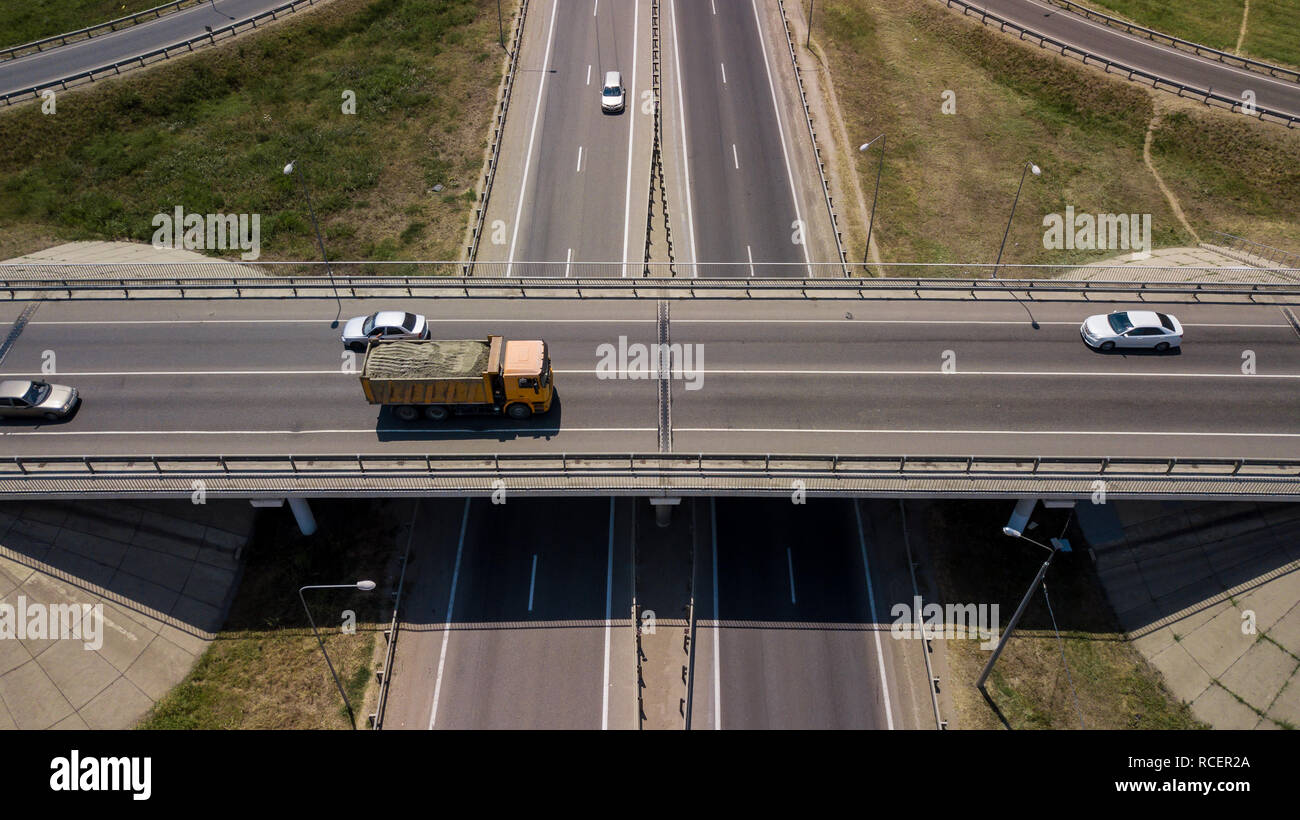 Aerial view of transport junction, traffic cross road junction day view ...