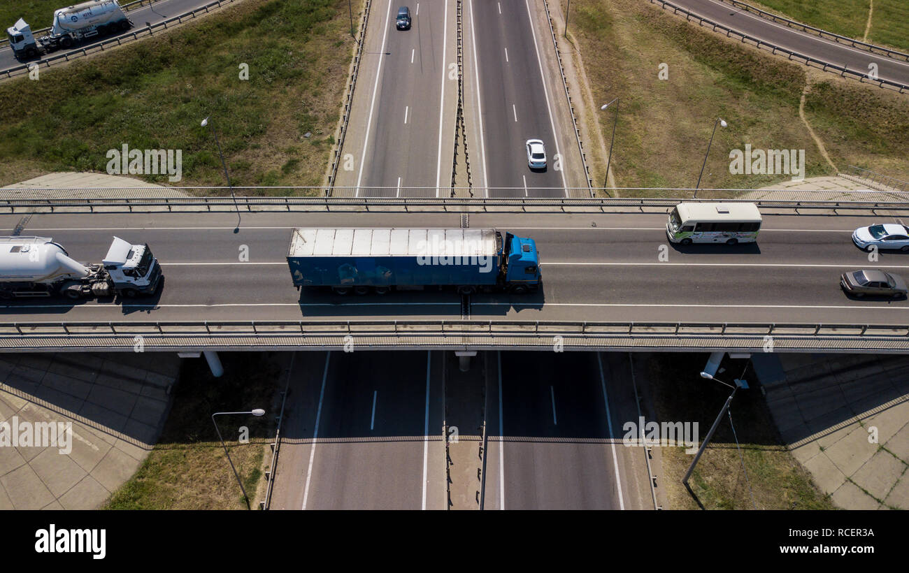 Aerial view of transport junction, traffic cross road junction day view ...