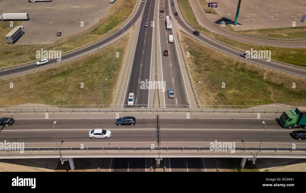 Aerial view of transport junction, traffic cross road junction day view ...