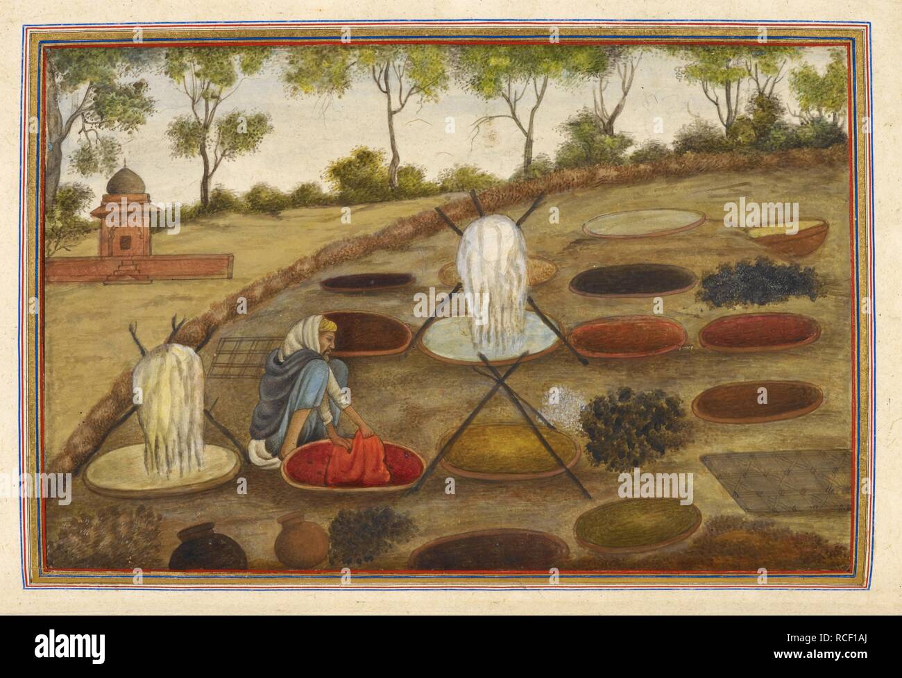 A dyer (â€˜chimbaâ€™ class) dipping cloth in red dye. Tashrih al-aqvam ...