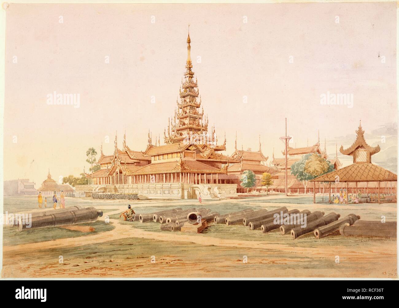 Burmese landscape. Watercolour of a tall temple or wat in the landscape ...