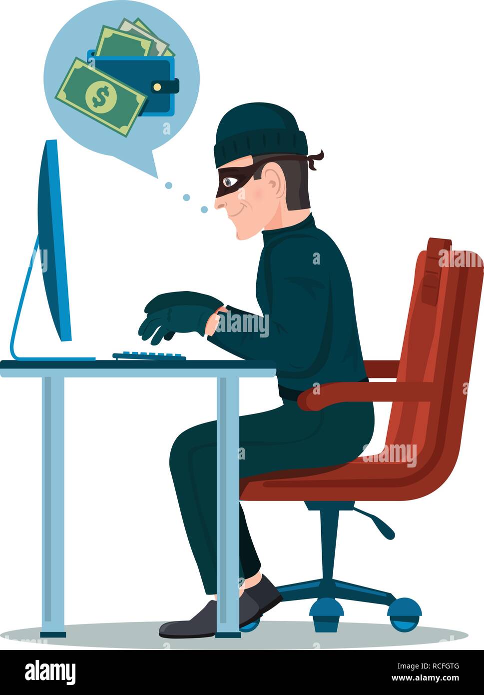 Computer Hacker Man Trying Hack The System And Steal The Money Thief Cartoon Character Vector