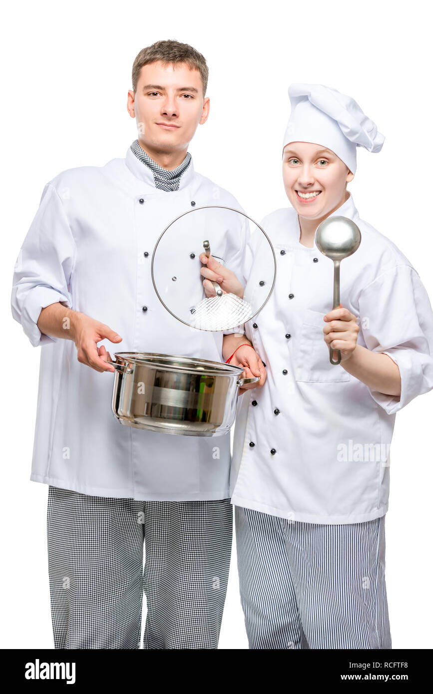 professional chefs with a pan and a ladle on a white background posing ...