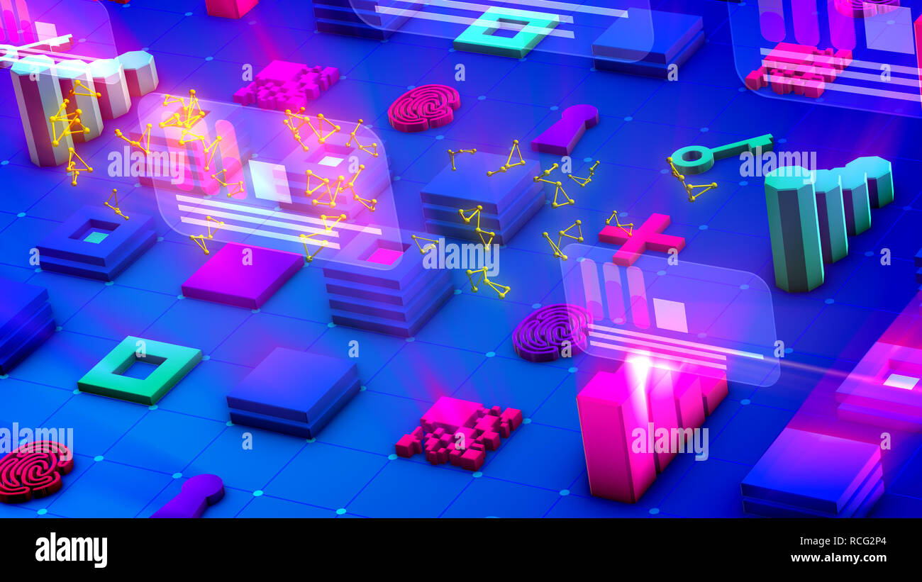 Arty 3d illustration of bar charts, piles of squares, big keys, large ...