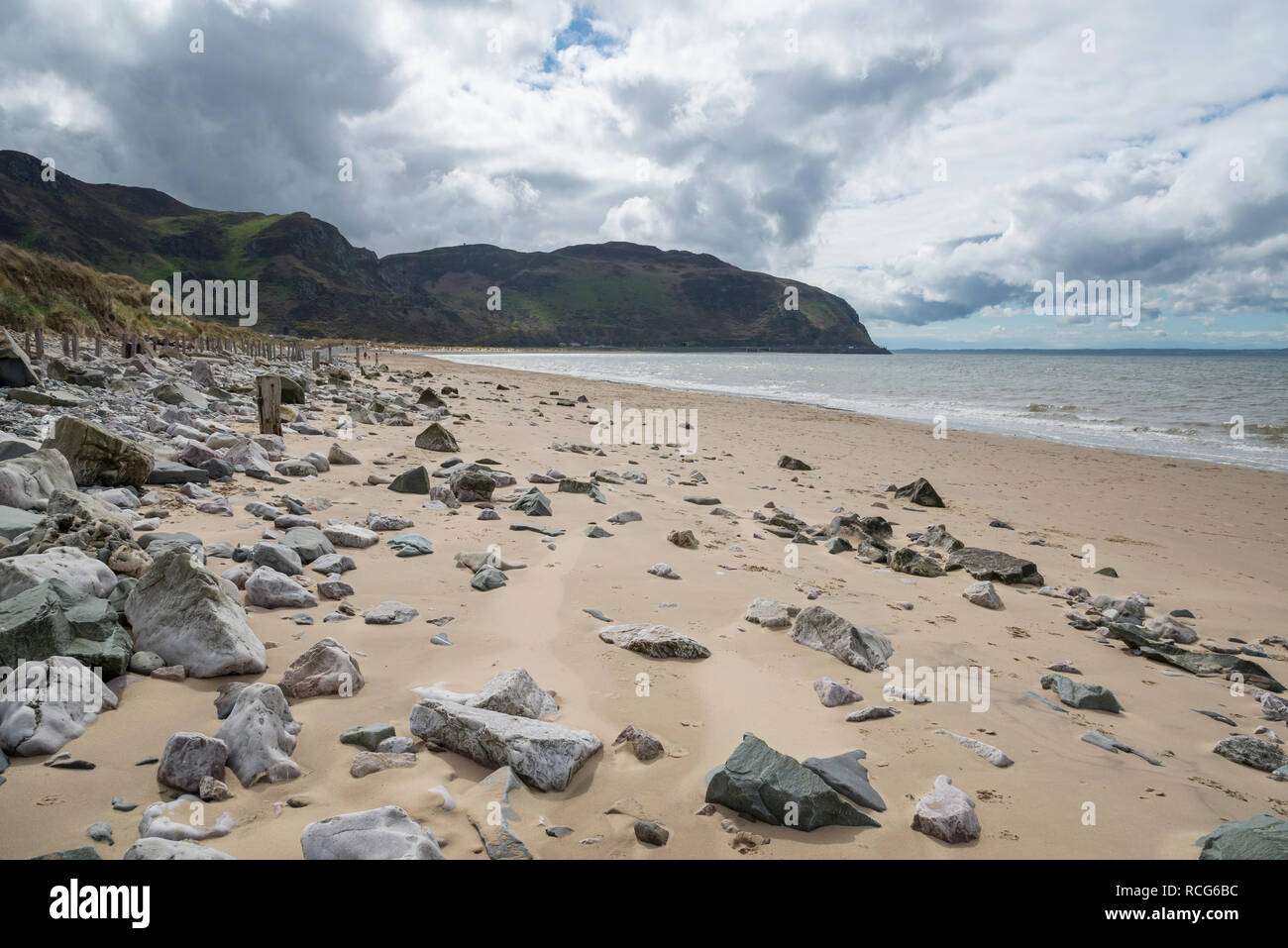 Conwy Morfa, a sandy beach on the coast of North Wales. View to Penmaen ...