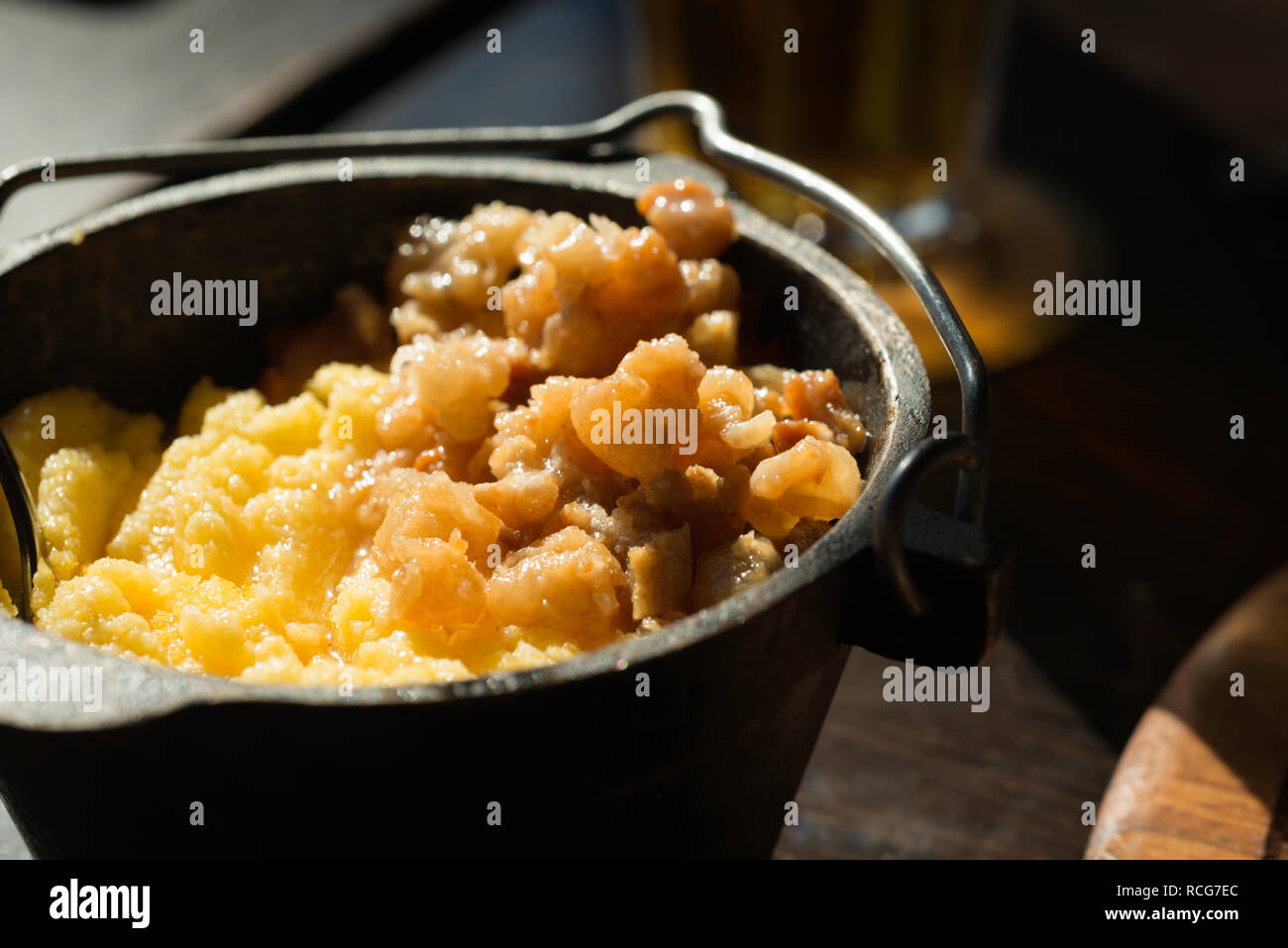 a Banush, a typical Ukrainian local food in the Carpathian Mountains ...