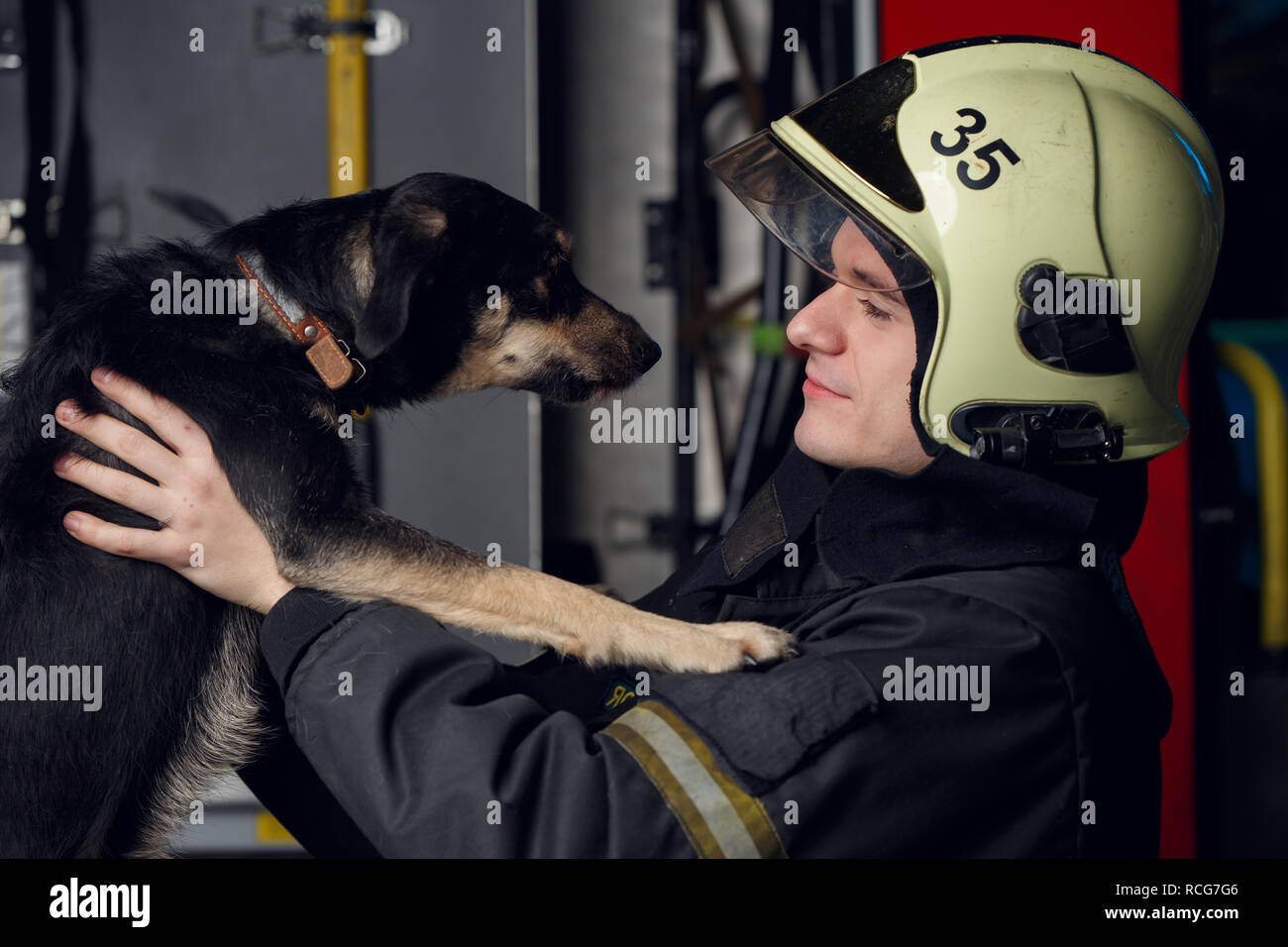 Photo of man firefighter with dog at fire truck Stock Photo - Alamy
