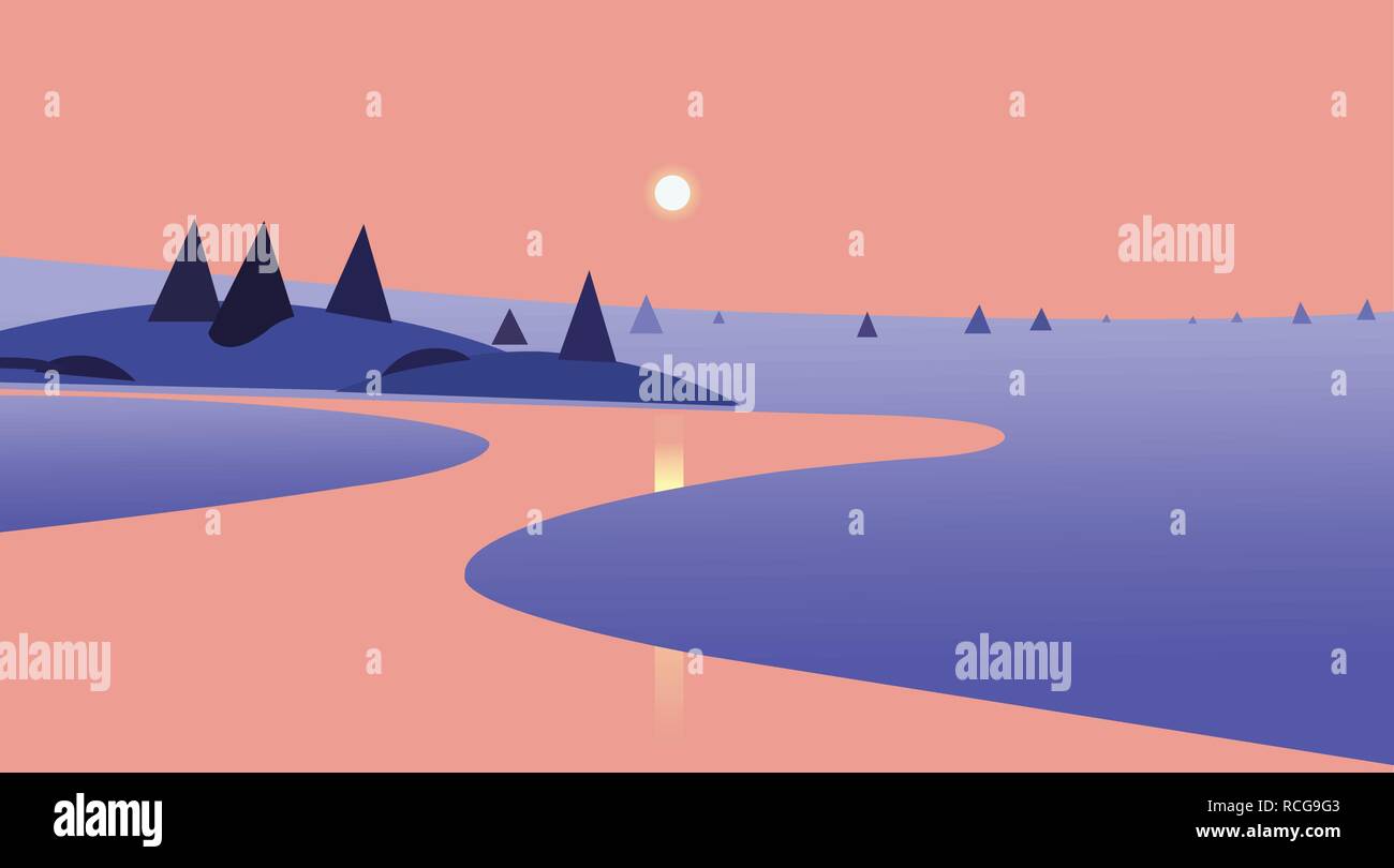 Nature landscape with sunset and reflection on river design.Vector ...