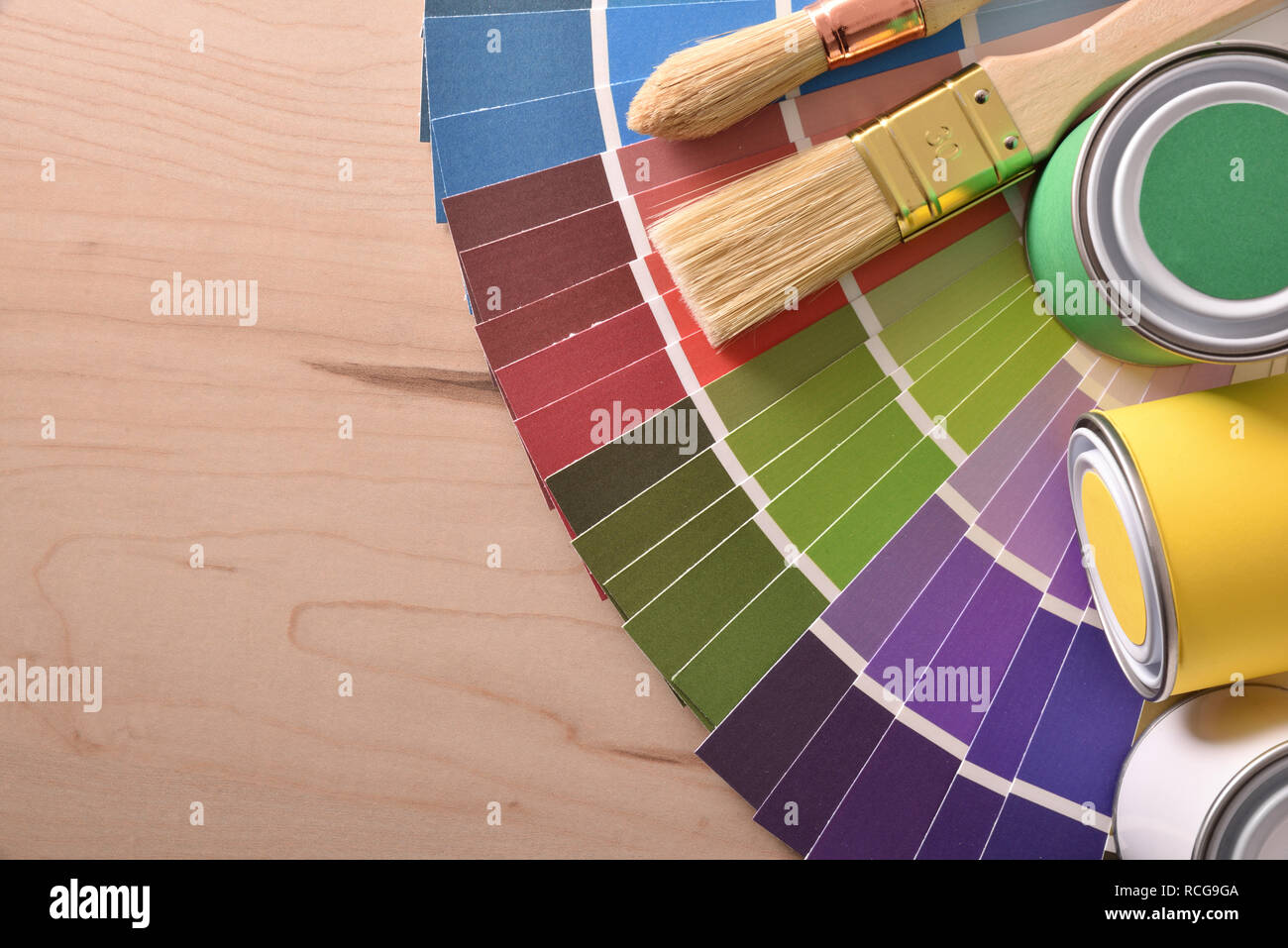 Wooden table with material and painting tools for home. Horizontal ...