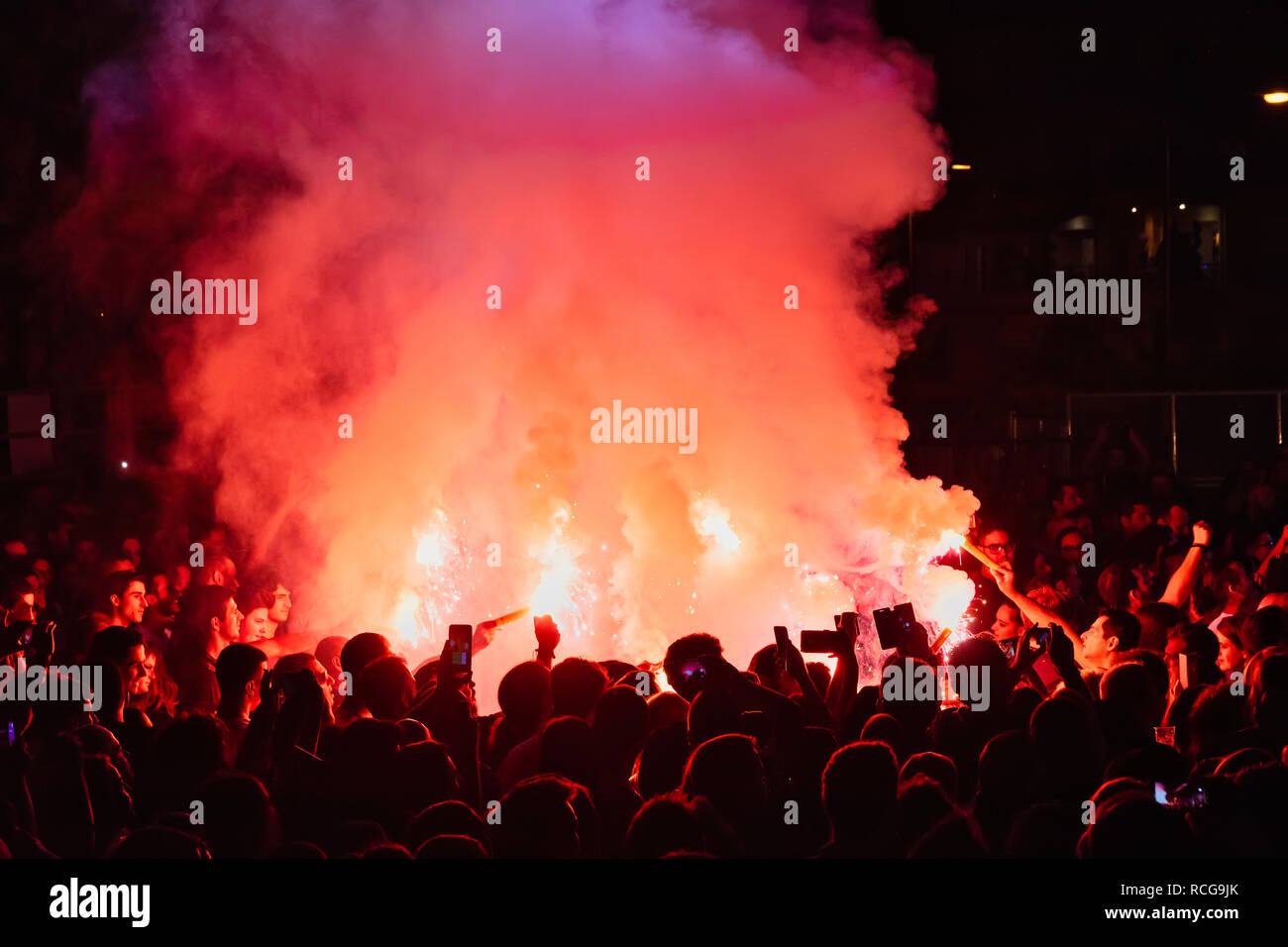 Thessaloniki, Greece - September 22, 2018: Music fans burn fire torch ...
