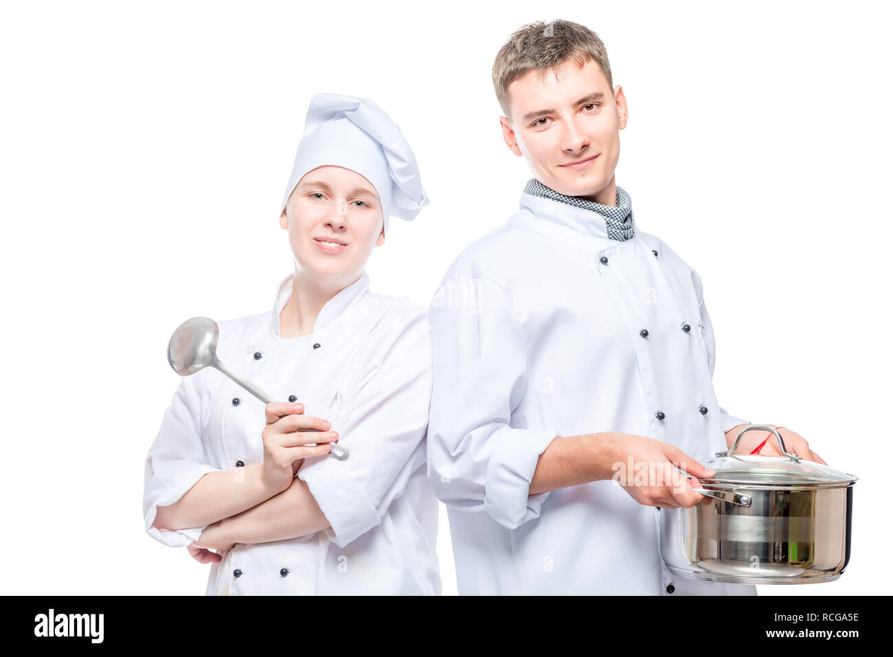 horizontal portrait of a pair of cooks with a pan and a ladle on a ...