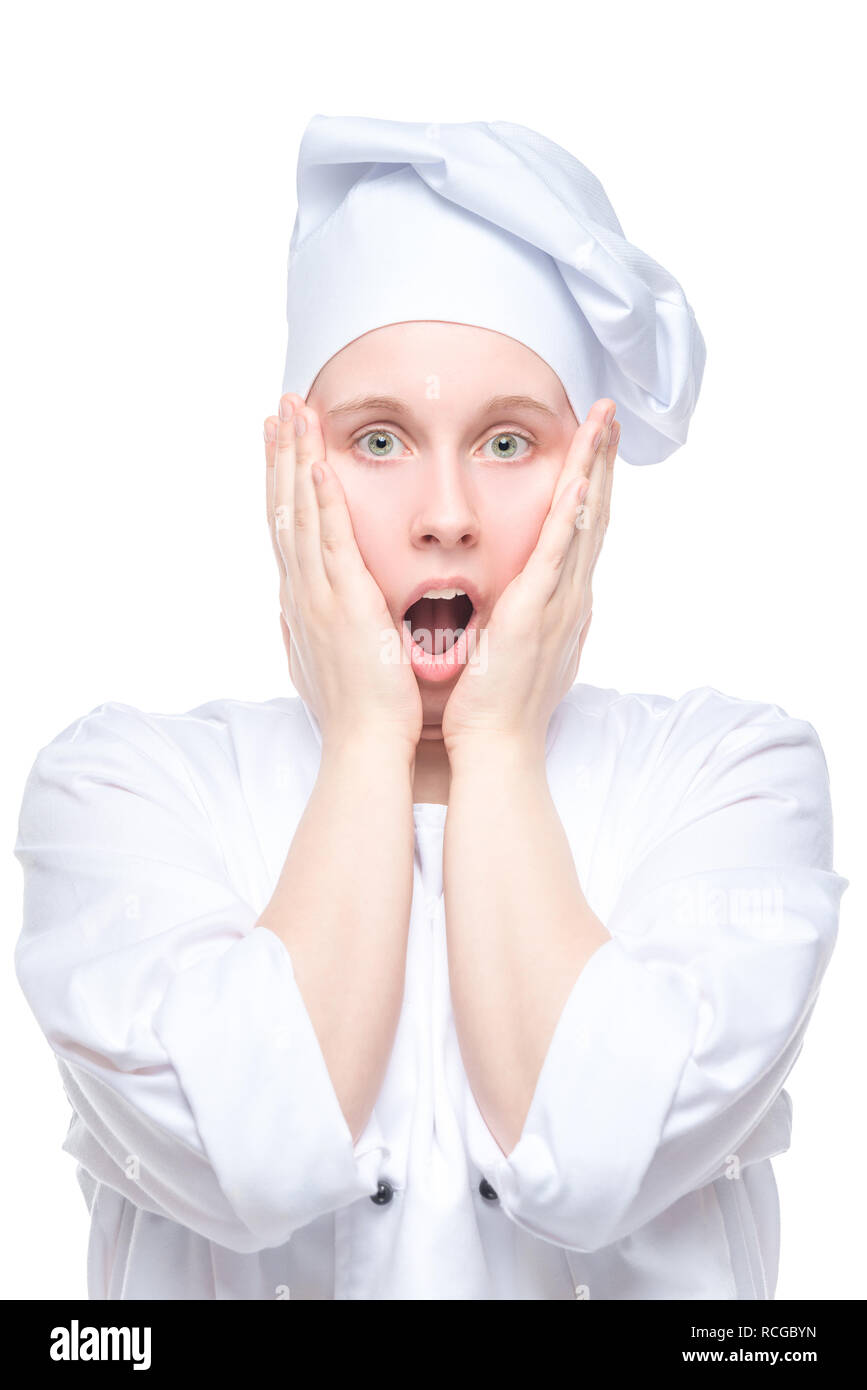 portrait of a shocked cook on white background isolated Stock Photo - Alamy