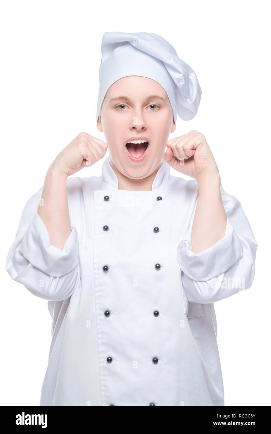 happy successful chef in suit rejoices in victory, portrait on white ...