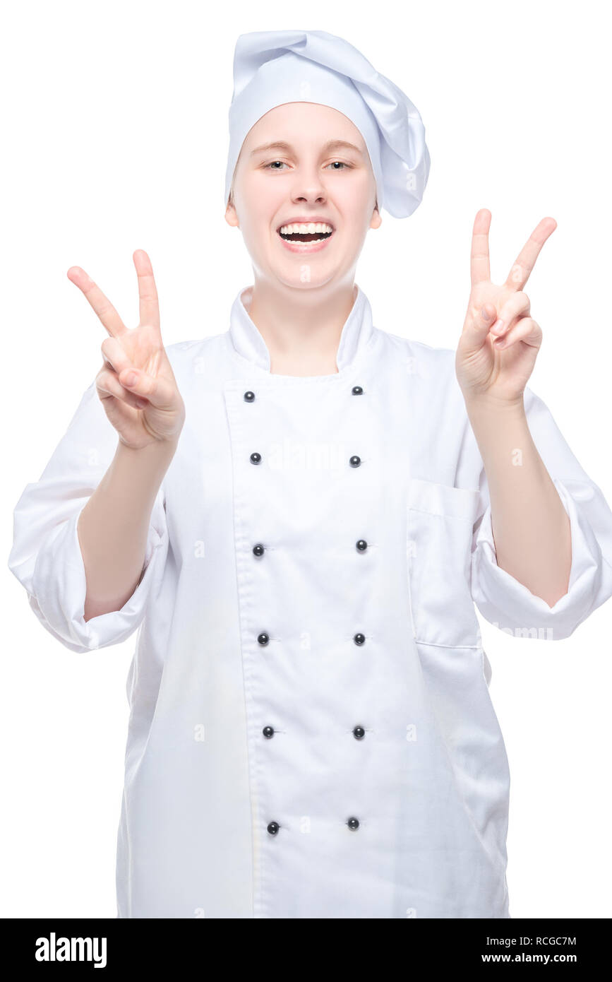 happy woman chef shooting on white background, gesturing with hands ...