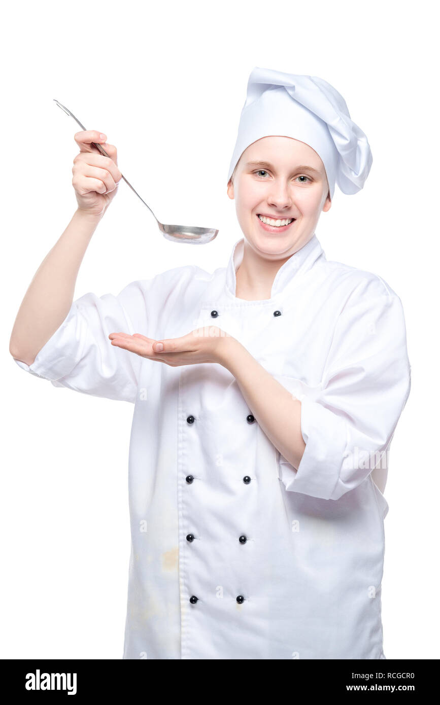 vertical portrait of a cook with a ladle on a white background in the ...