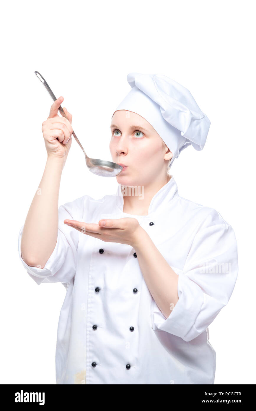 chef tasting soup from ladle on white background in studio isolated ...